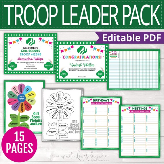Girl Scout Troop Leader Printable Pack with Editable Bridging ...