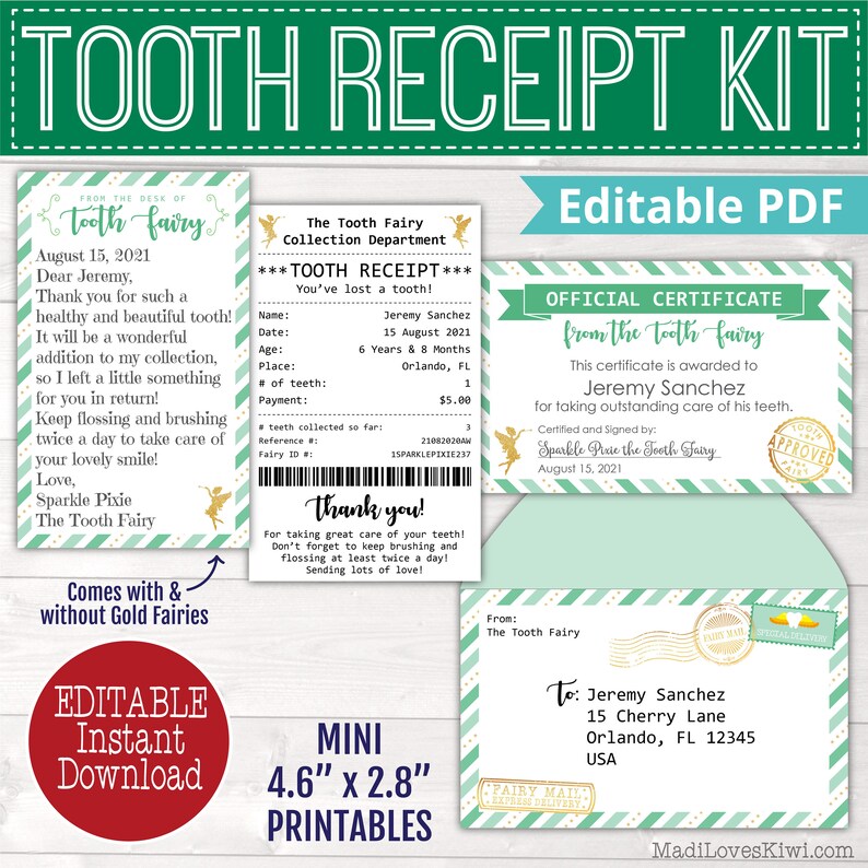 Editable Tooth Fairy Receipt Bundle With Printable Letter | Etsy