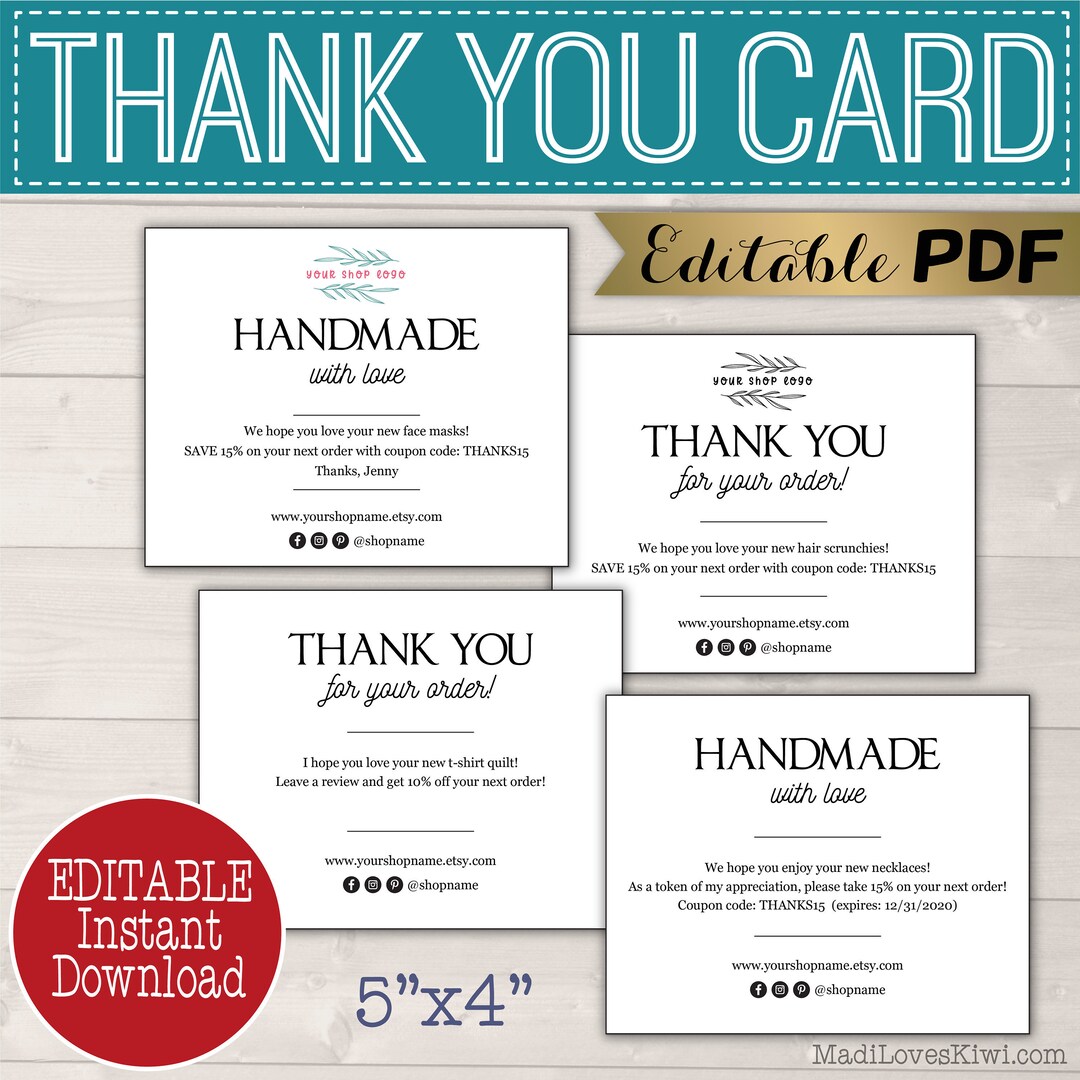 EDITABLE Thank You Card Insert, Printable Handmade Business Tag ...