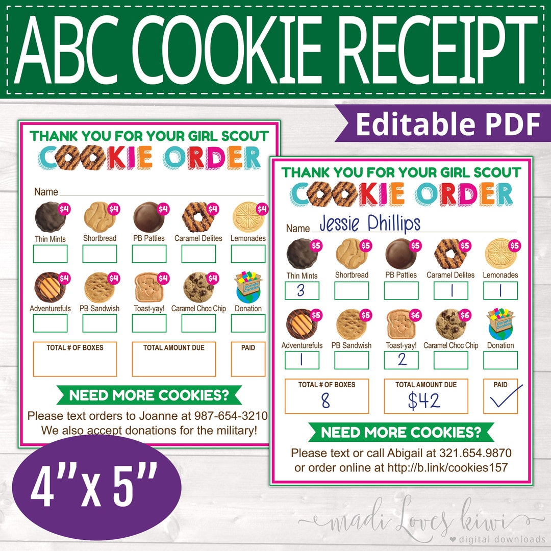 2025 ABC Girl Scout Cookie Thank You Card Printable, Order Receipt ...