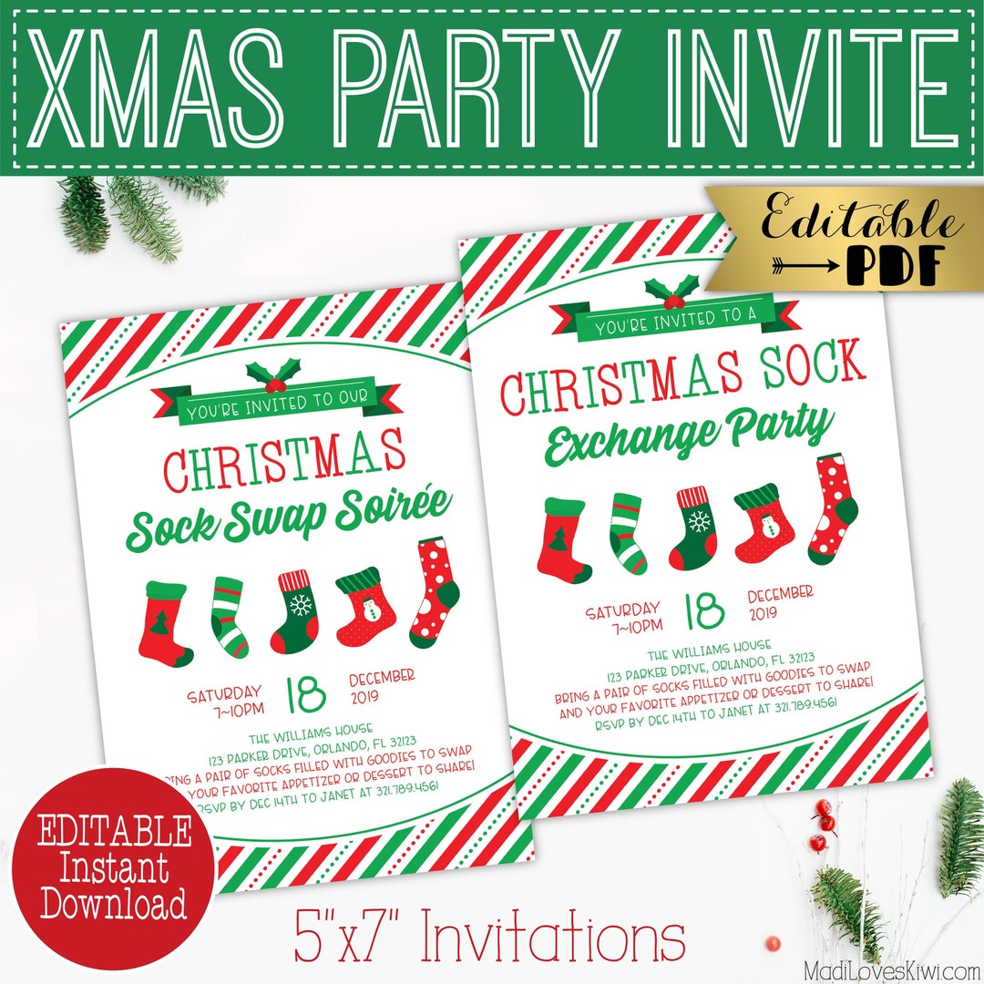 Editable Christmas Sock Exchange Party Invitation, Printable Xmas ...