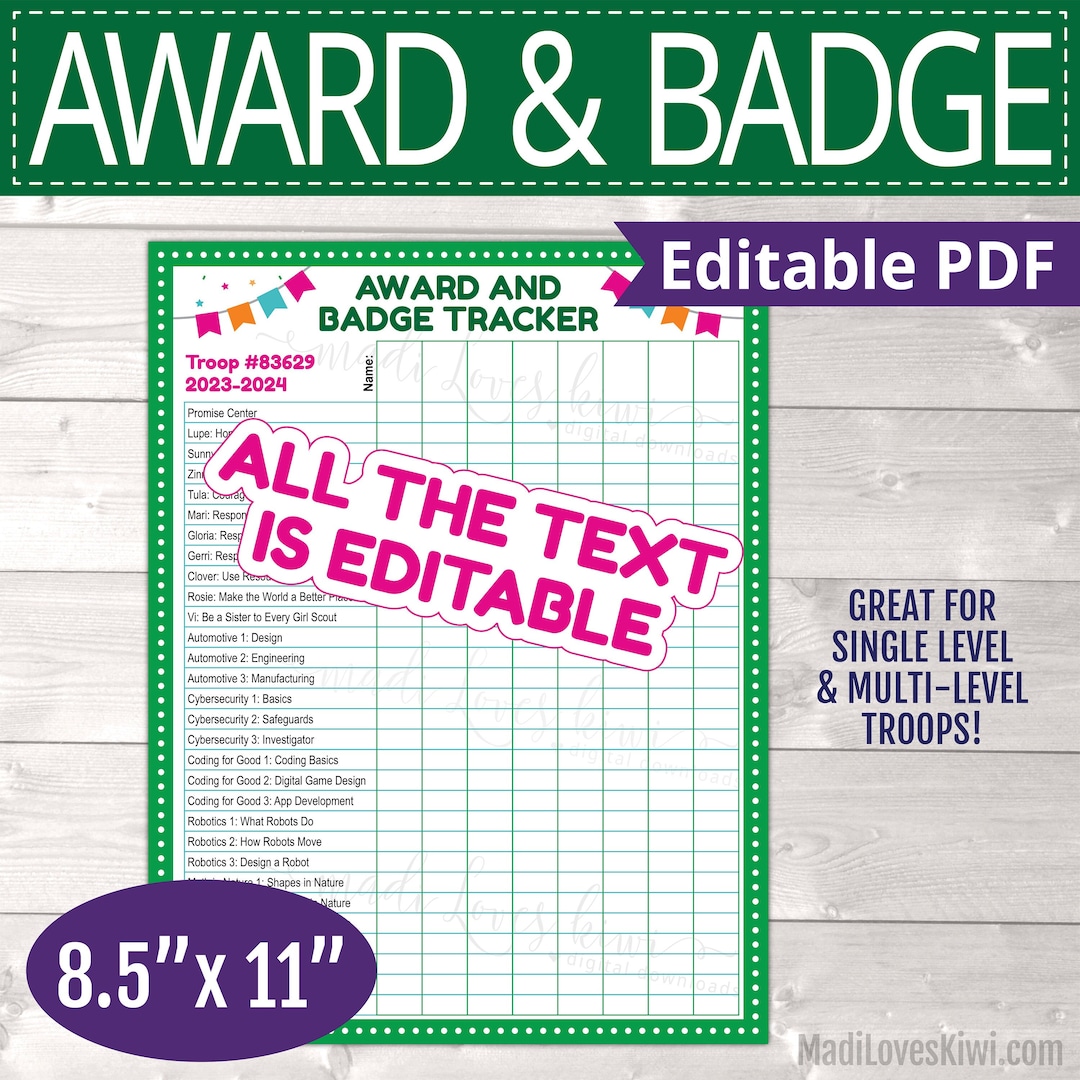Printable Scout Badge Tracker, Editable Troop Award Chart Instant ...