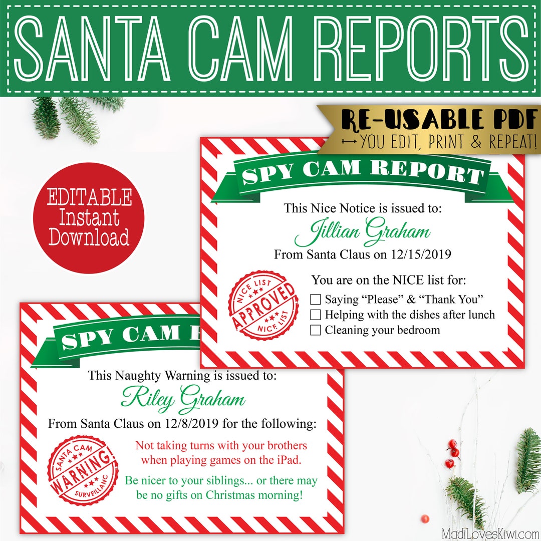 Editable Santa Cam Report Card, Naughty Warning Printable, Surveillance ...