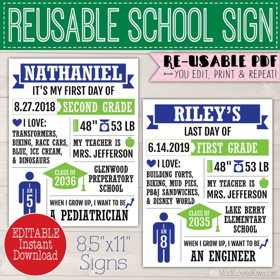 Infographic First Day of School Sign Printable, Blue Green Last Day ...