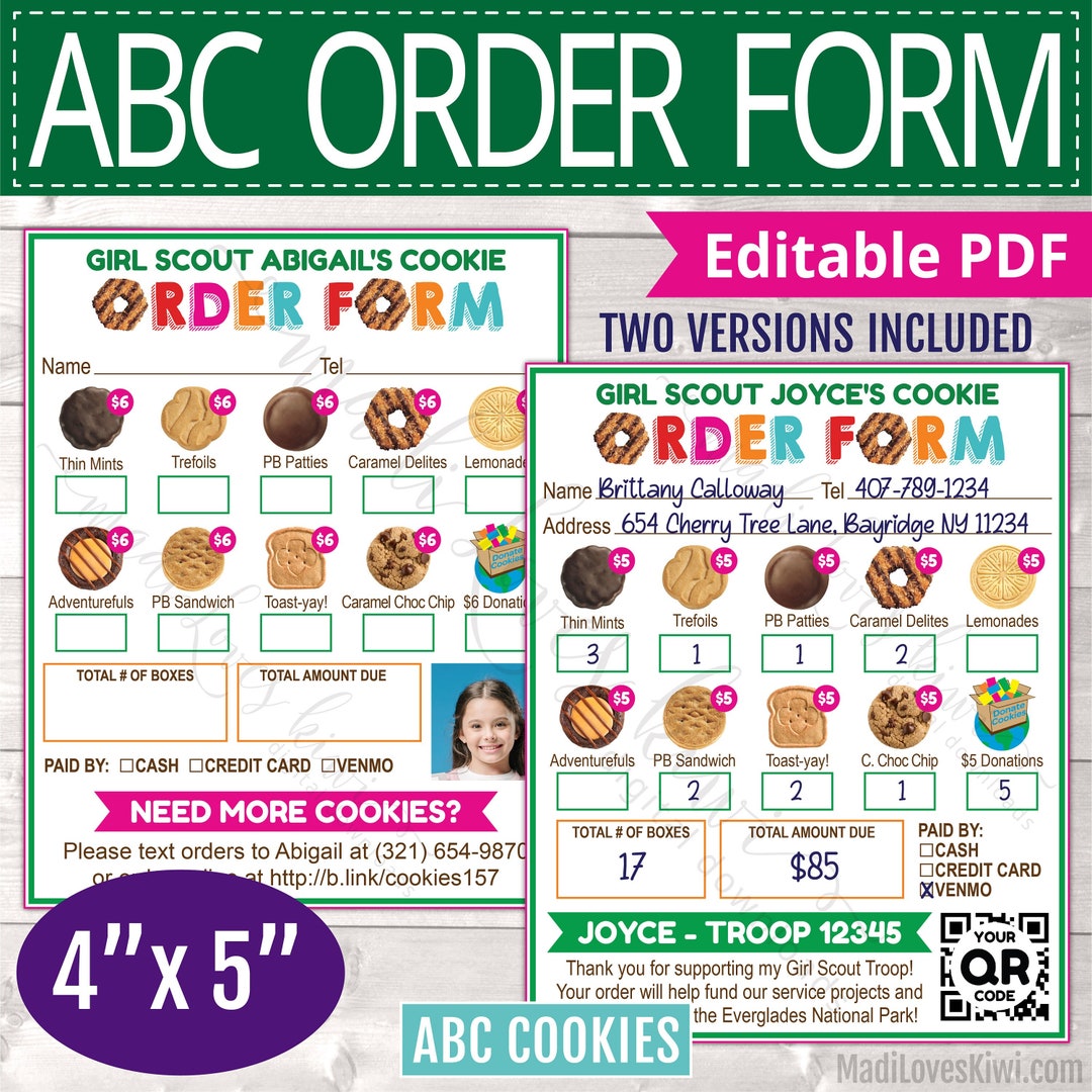 2024 ABC Girl Scout Cookie Order Form Printable, Editable Menu With QR ...