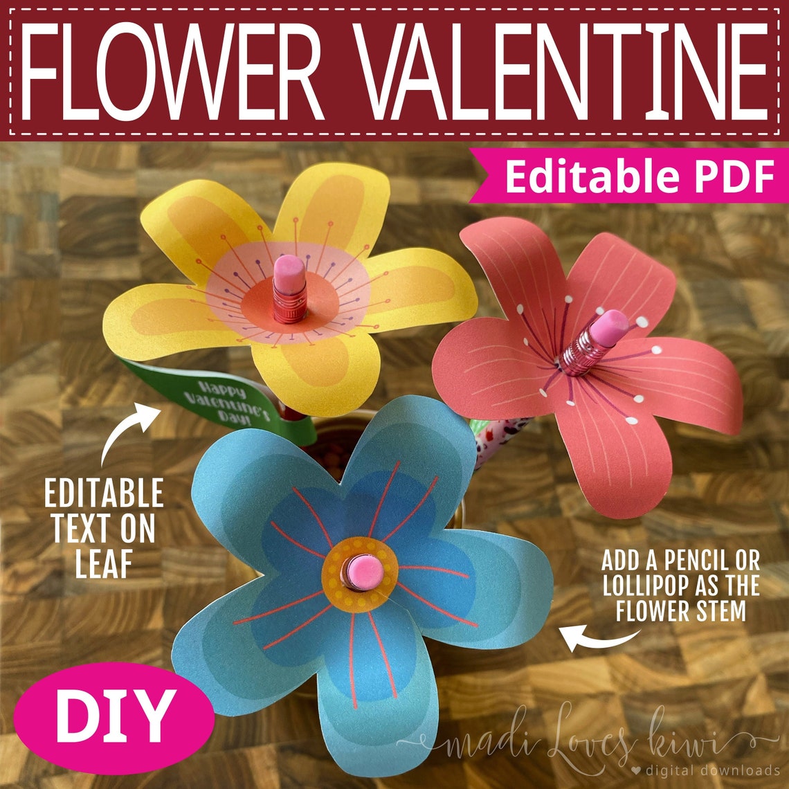 Printable Flower Valentine Card for Class Editable Happy - Etsy