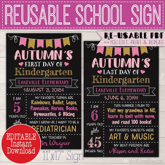 Gold & Pink First Day of School Sign Reusable, Last Day Poster Editable ...