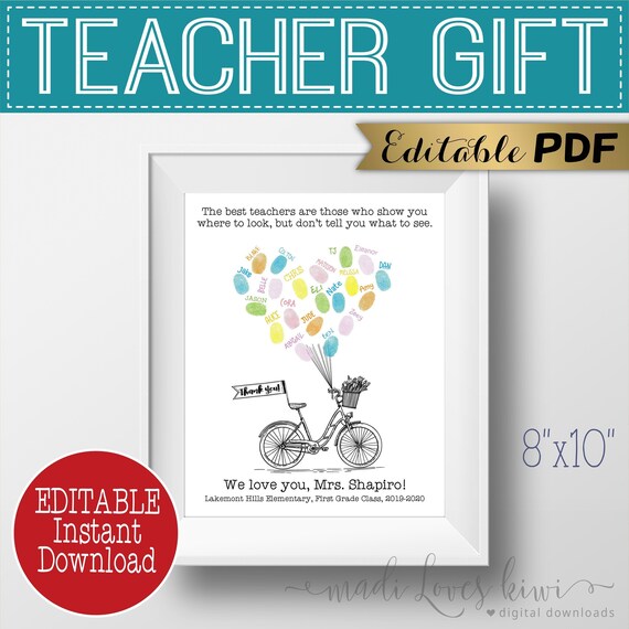 Vintage Bicycle with Balloon Fingerprint Wall Art, Printable Teacher ...