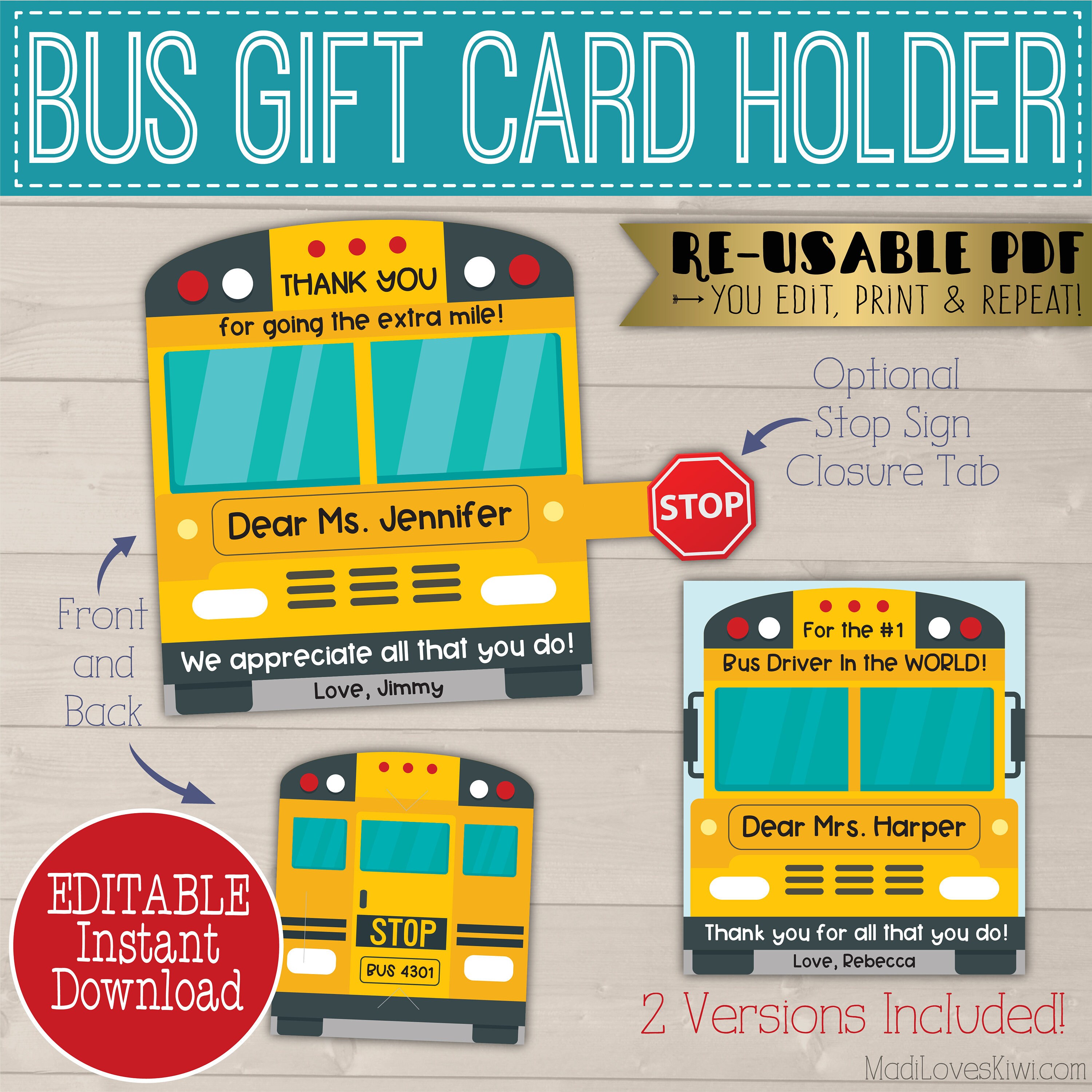 School Bus Gift Card Holder for Driver Editable Teacher | Etsy
