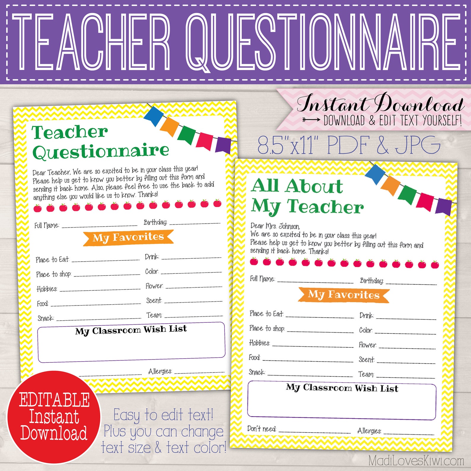 Custom Teacher Gift Ideas Questionnaire Printable Room Mom - Etsy Canada