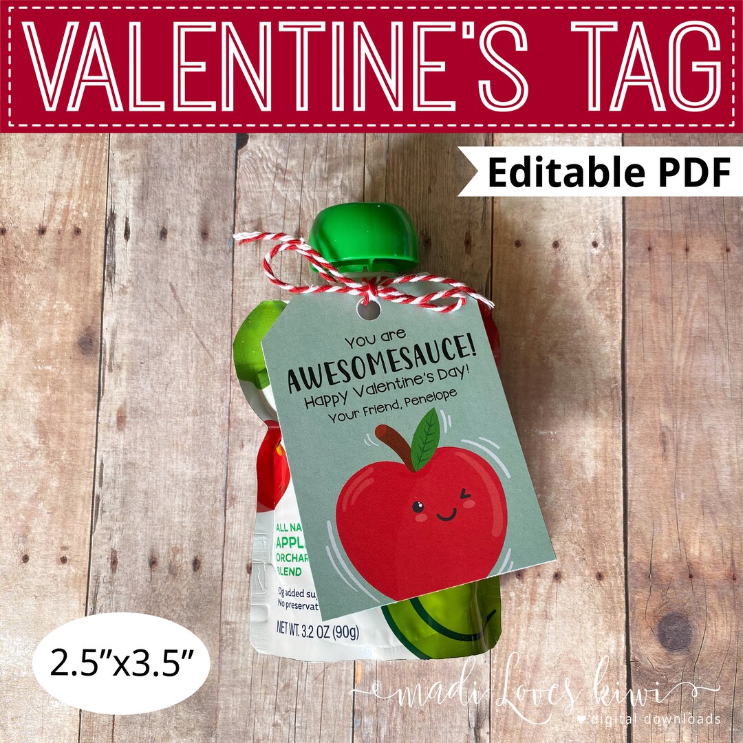 Printable Valentine Tag Instant Download, Editable Apple Sauce Pouch ...