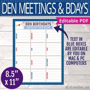 Printable Cub Scout Den Birthday Tracker, Editable Pack Leader Meeting ...