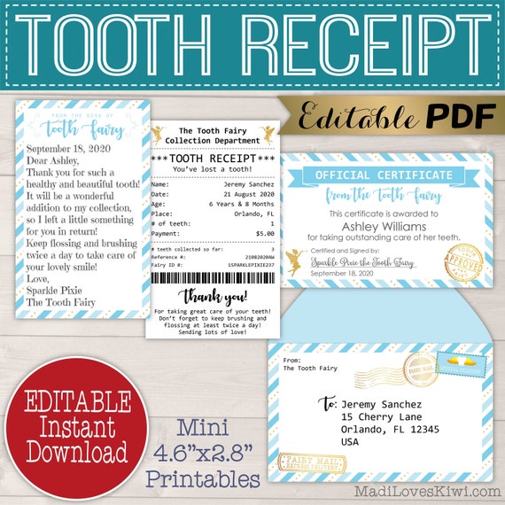 Editable Tooth Fairy Receipt Bundle with Printable Letter, Certificate ...
