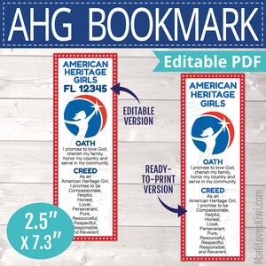 Editable American Heritage Girl Oath and Creed Bookmark, Printable AHG ...