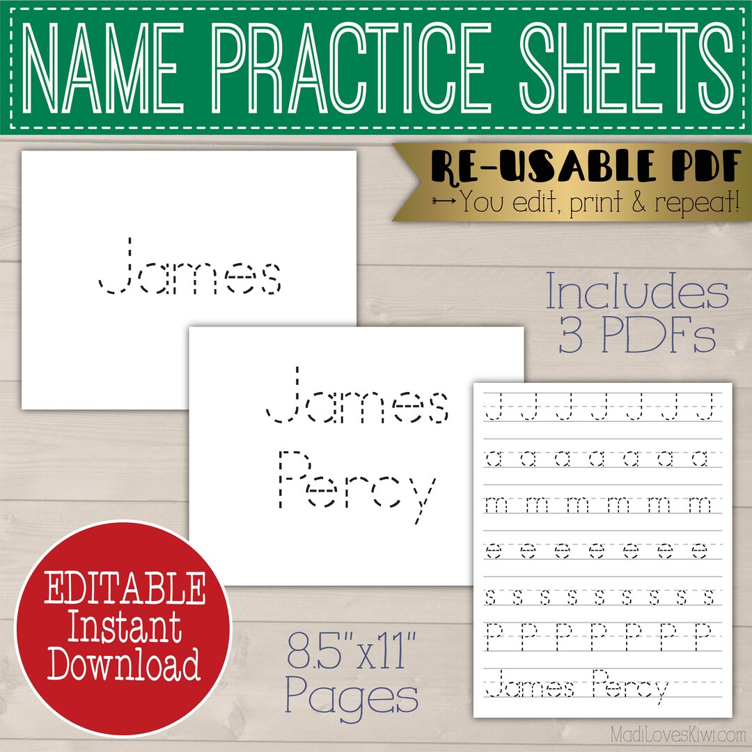 Name Writing Worksheet Set, Editable Handwriting Print Practice ...
