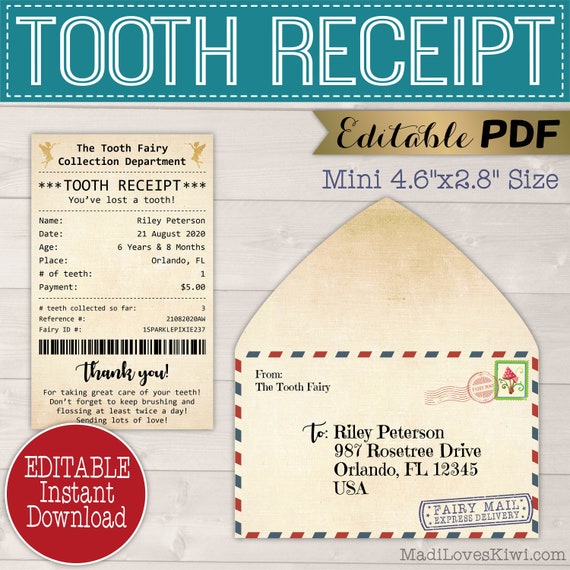 Printable Vintage Tooth Fairy Receipt, Editable Lost Teeth Letter ...