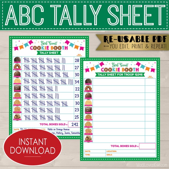 2021 ABC Bakers Girl Scout Cookie Booth Tally Sheet, Printable Sale ...