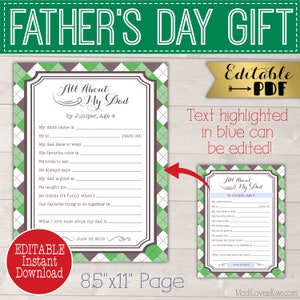 All About My Dad Questionnaire, Personalized Father's Day Gift ...