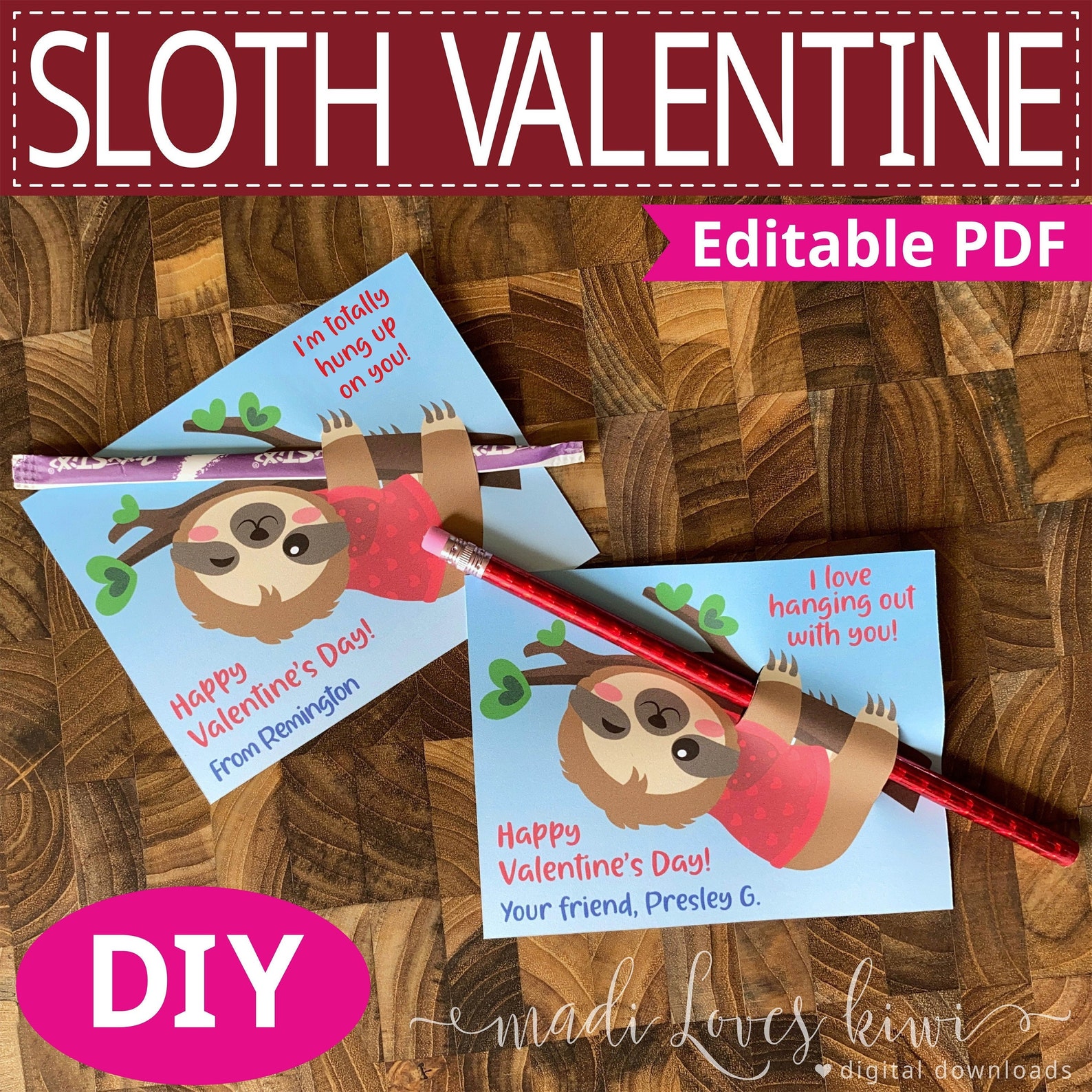 Printable Sloth Valentine Card for Class Editable Happy Heart | Etsy