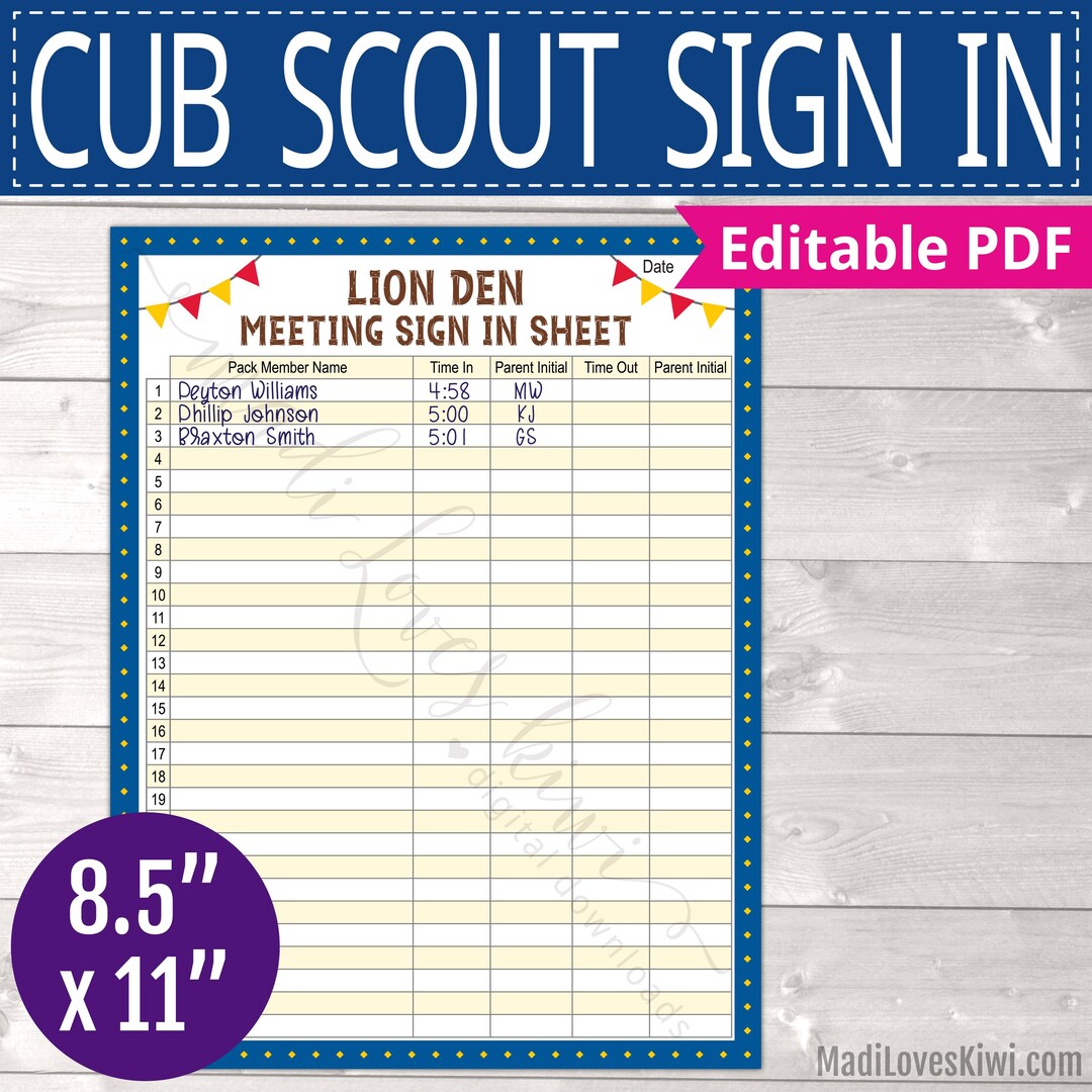 Printable Scout Meeting Sign in Sheet, Editable Cub Den Leader ...