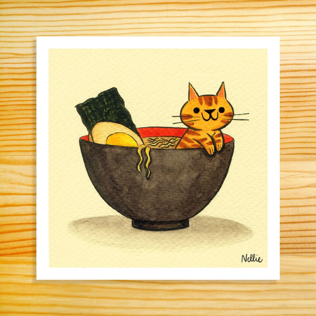 Ramen Noodle Cat 5x5 Food Art Print - Etsy