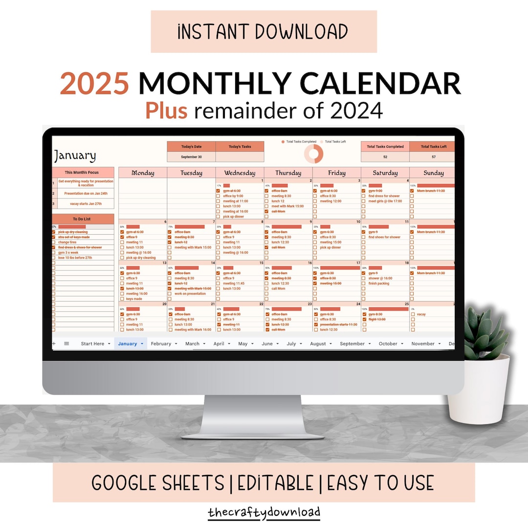 Digital Monthly Calendar 2025-2024 Automated Google Sheets Task Planner ...