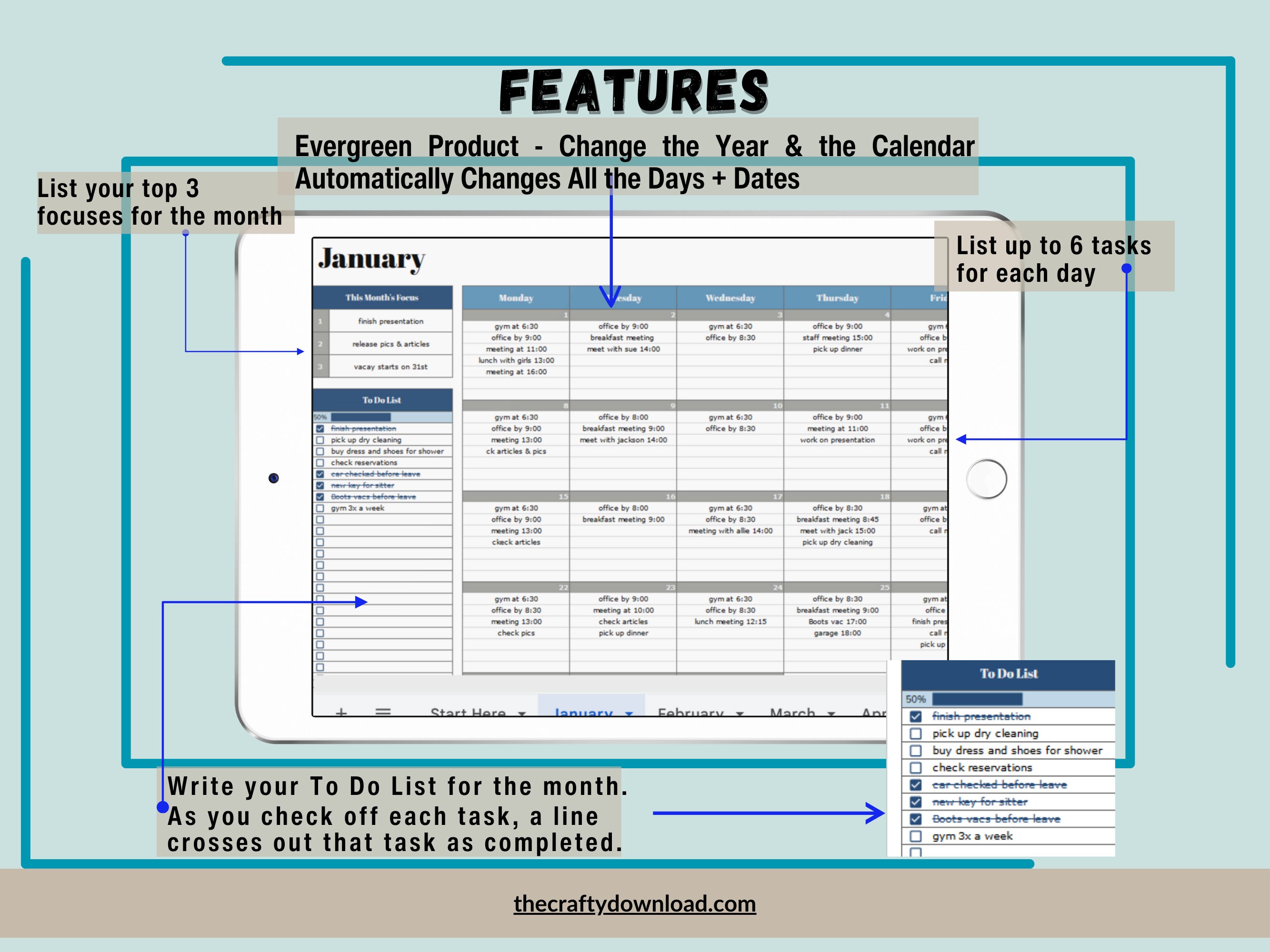 Simple 2024 Calendar Monthly Digital Planner Events Tasks to Do List ...