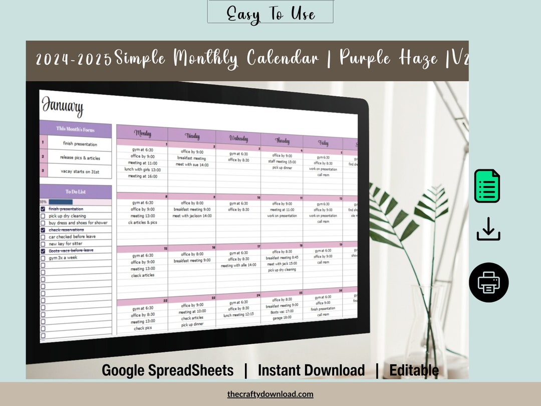 Monthly Calendar 2024 2025 Digital Download Perpetual Printable ...