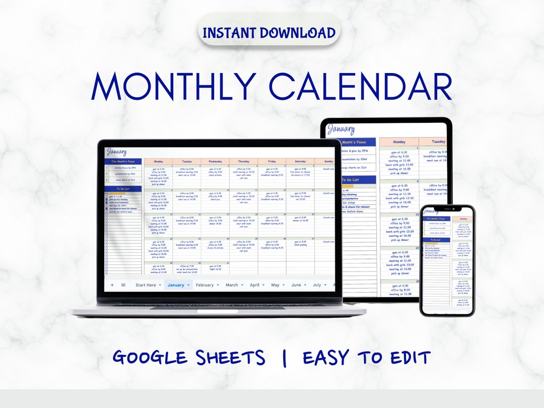 Monthly Calendar Automated Google Sheets Template Daily Calendar ...