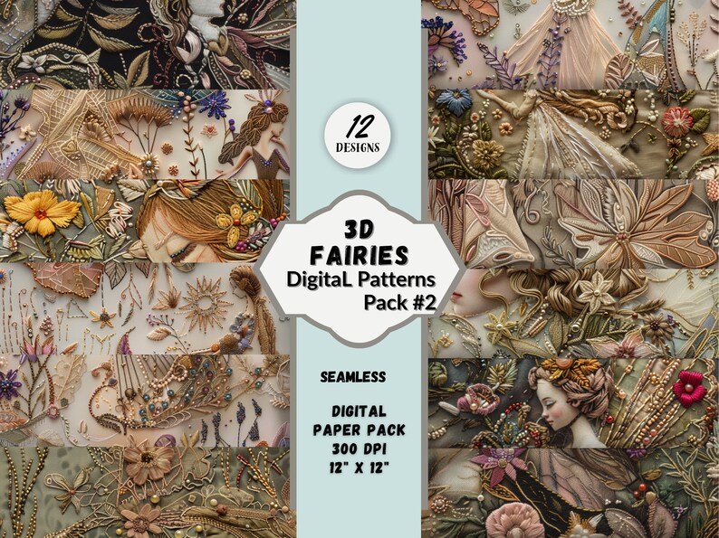 3D Faux Embroidered Digital Patterns Whimsical Fairies and Floral ...