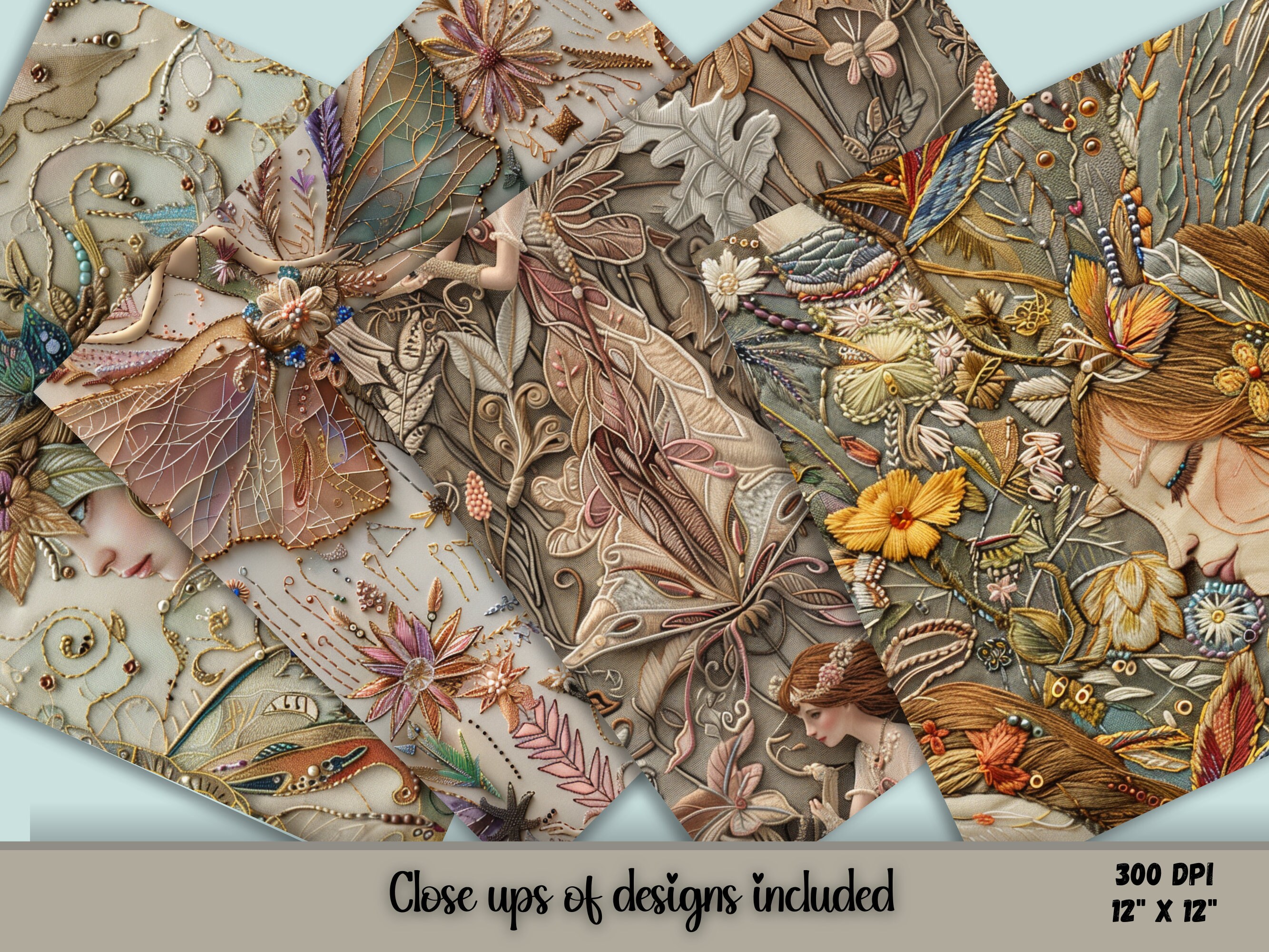3D Faux Embroidered Digital Patterns Whimsical Fairies and Floral ...