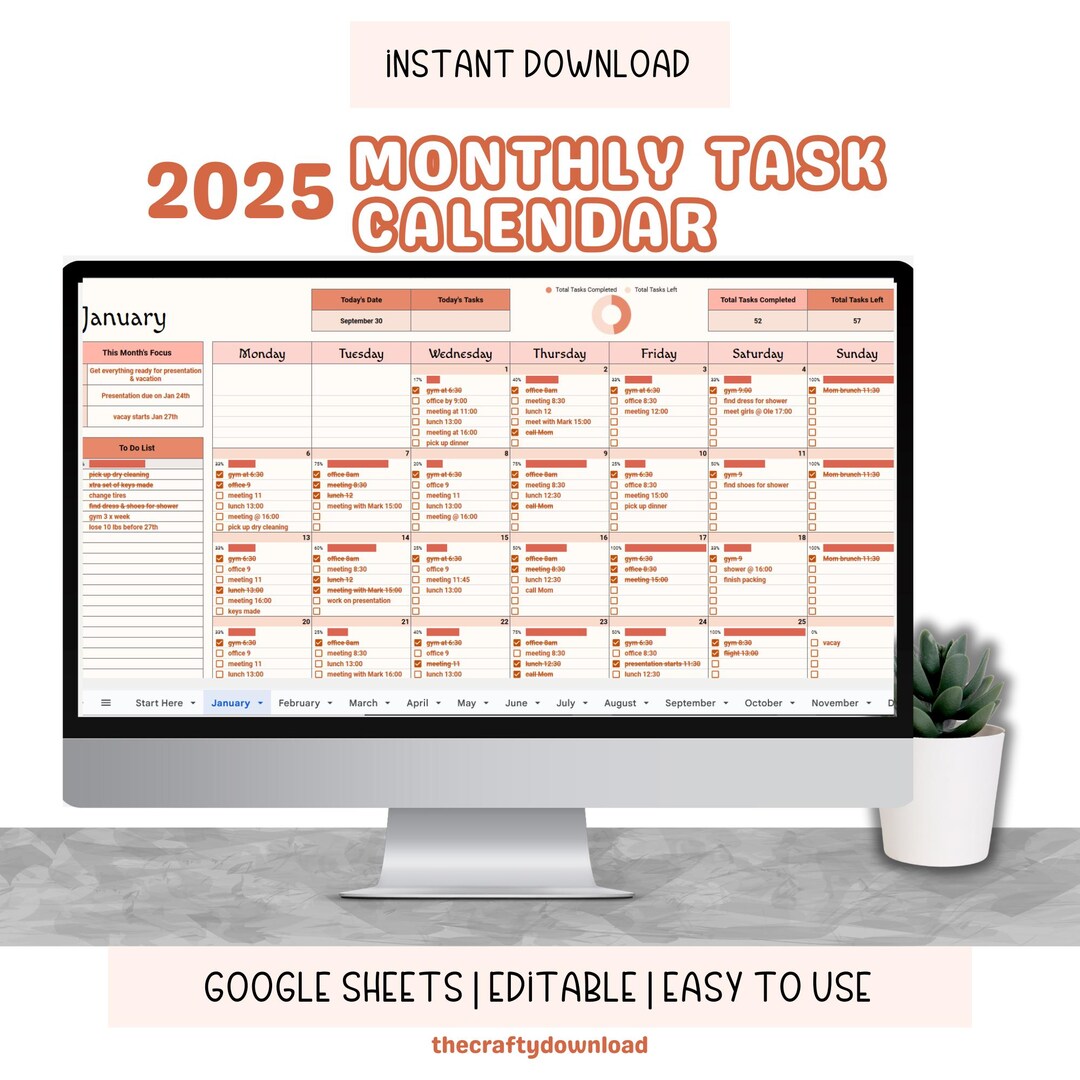Digital Monthly Task Calendar 2025 Automated Google Sheets Task Planner ...