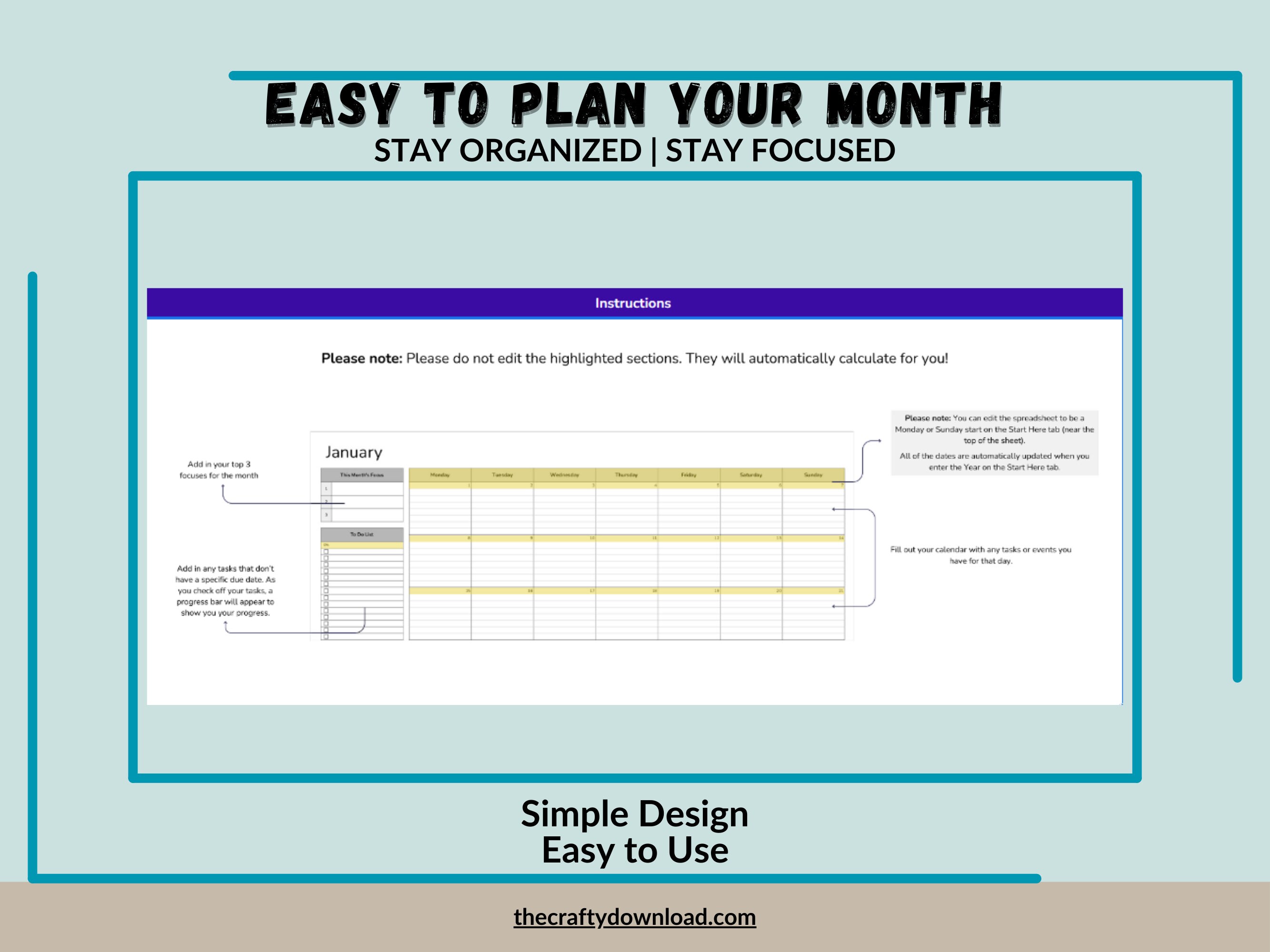 Simple 2024 Calendar Monthly Digital Planner Events Tasks to Do List ...