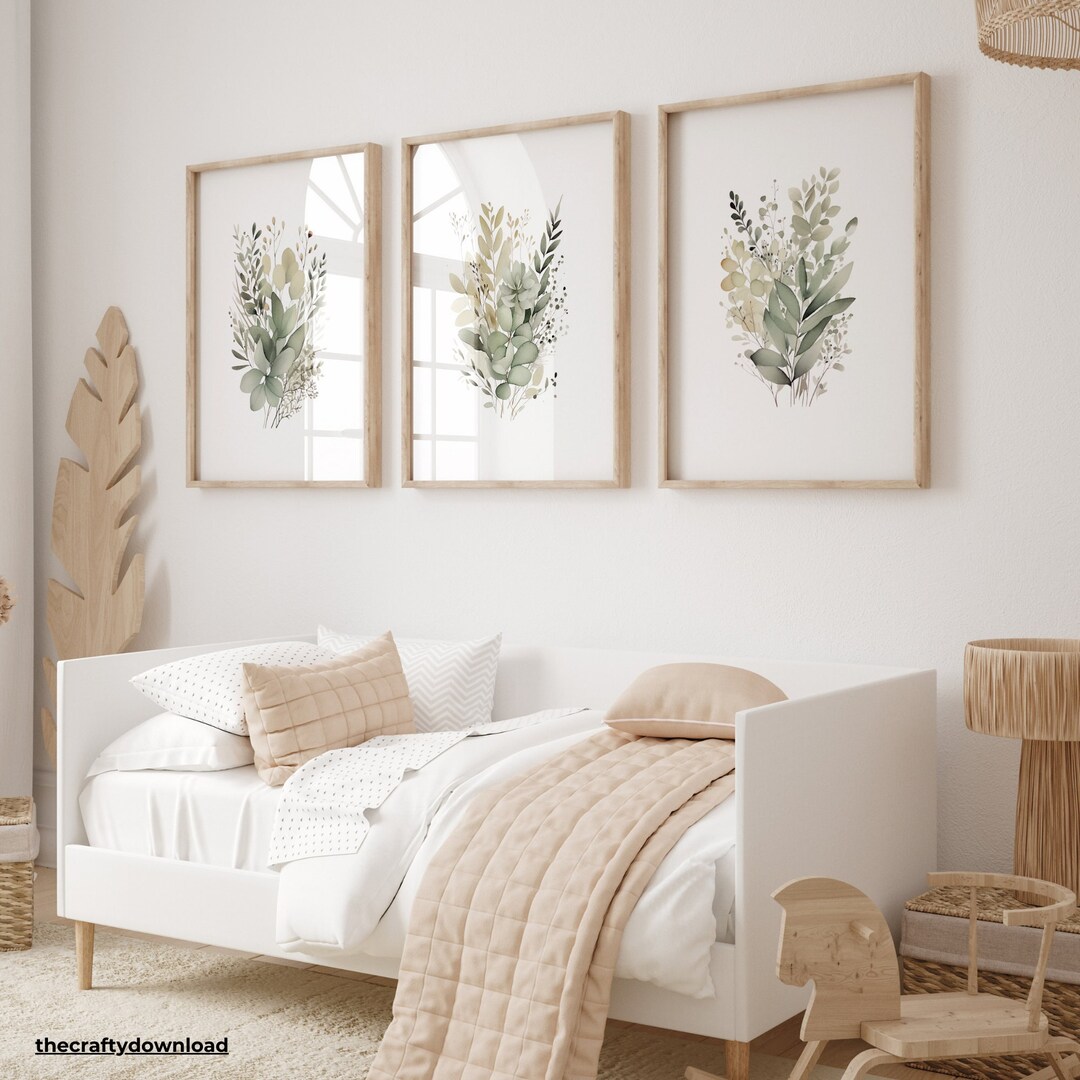 Watercolor Botanical Print Set of 3 Muted Sage Green Beige Modern Art ...