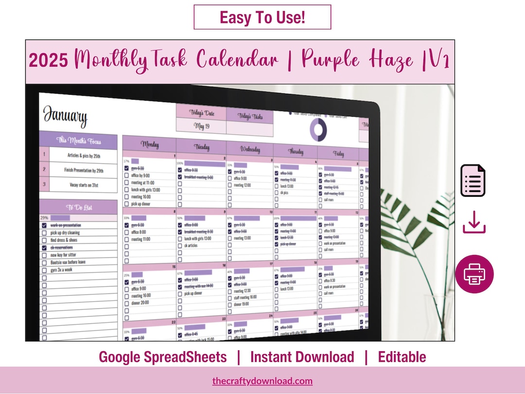 Monthly Task Calendar Editable Google Sheets Planner to Do List Goal ...