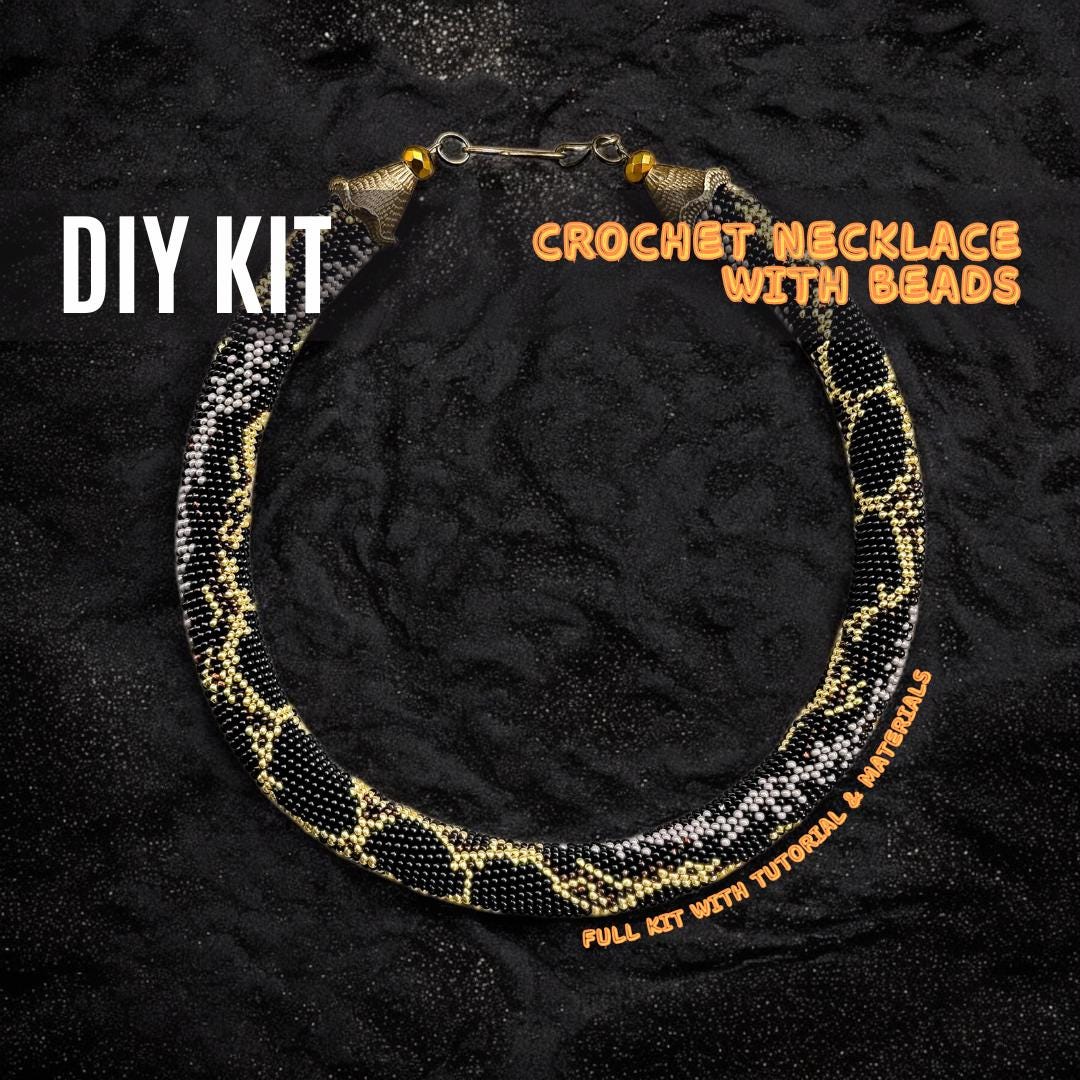 DIY Crochet Necklace Kit With Beads, Create Black Gold Python-inspired ...