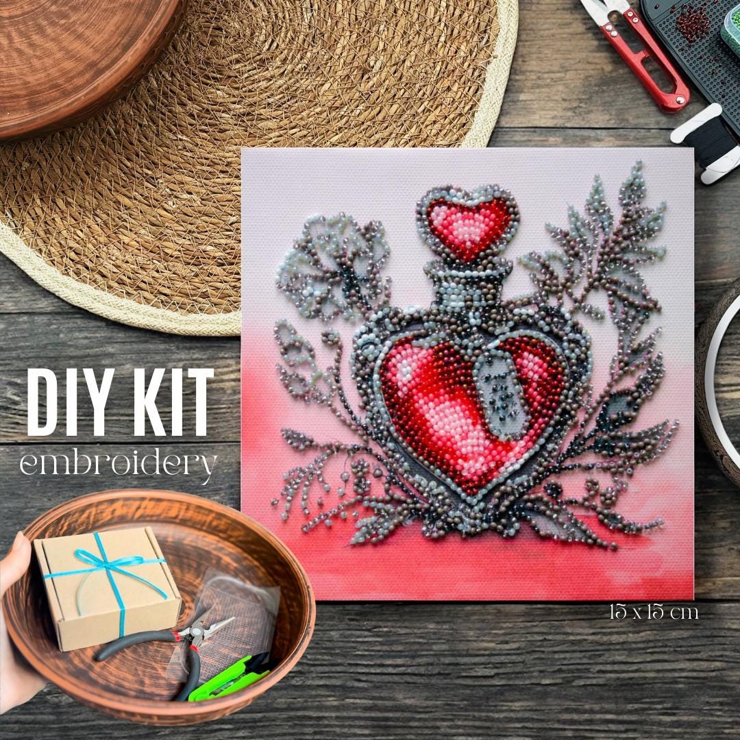 DIY Bead Embroidery Kit, Heart & Bottle Design, Beaded Canvas Art ...