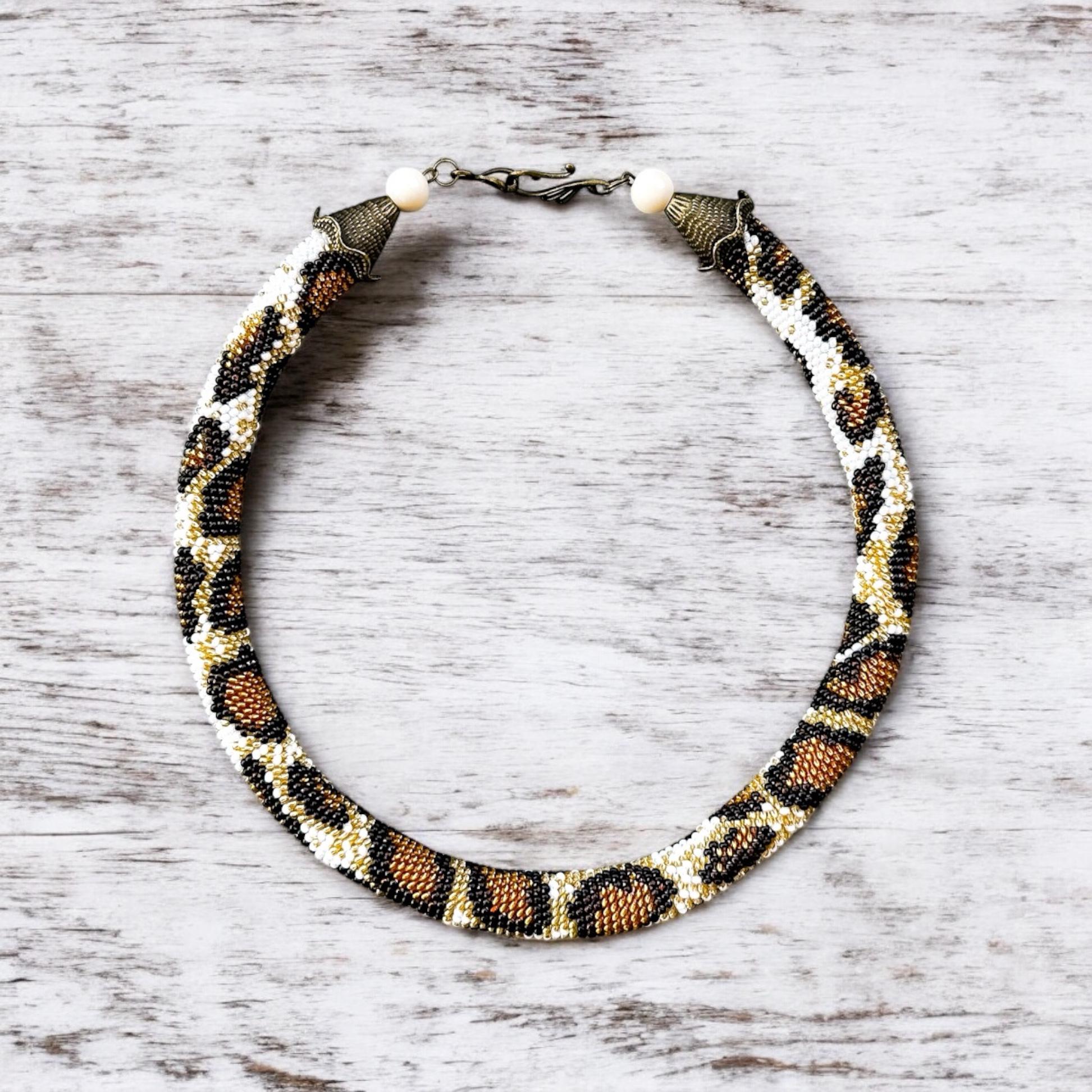 DIY Python Beaded Crochet Necklace Kit, Brown Beige Snake Print Jewelry ...