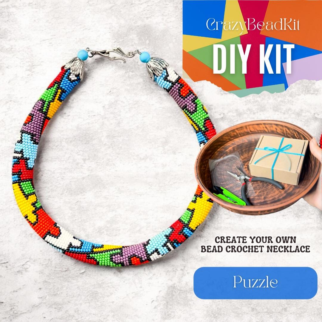 DIY Bead Crochet Necklace Kit – Puzzle Design Rope in Bright Colors ...