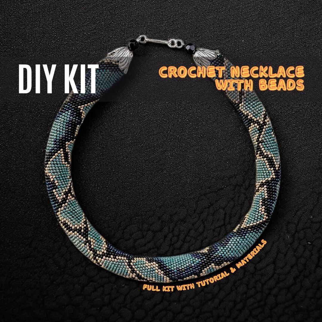 DIY Snake Skin Bead Crochet Necklace Kit – Blue Beige Rope Pattern ...