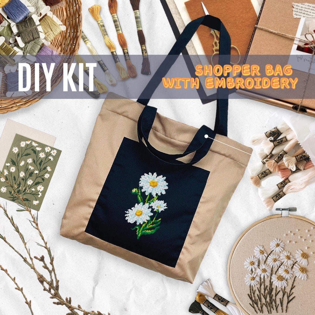 DIY Seed Bead Daisy Embroidered Bag, Kit for Shopper Bag, Handbag With ...