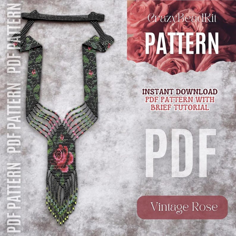 PDF Bead Loom Necklace Pattern Vintage Rose, Craft Stunning Black Pink ...