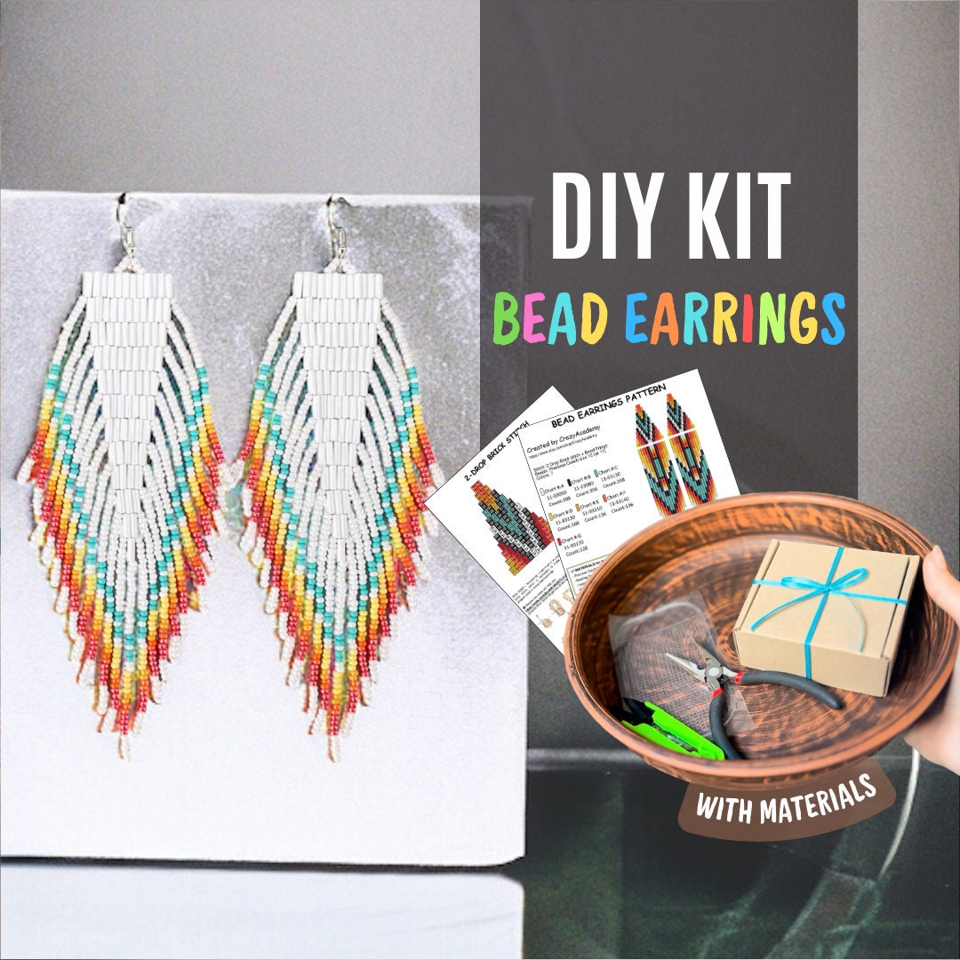 DIY White Tribal Beaded Earrings Kit, for Beginner Pattern Native ...