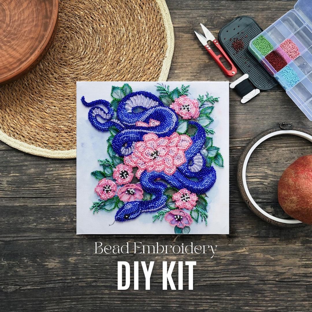 DIY Bead Embroidery Kit Snake and Flowers, Blue Snake Beaded on ...