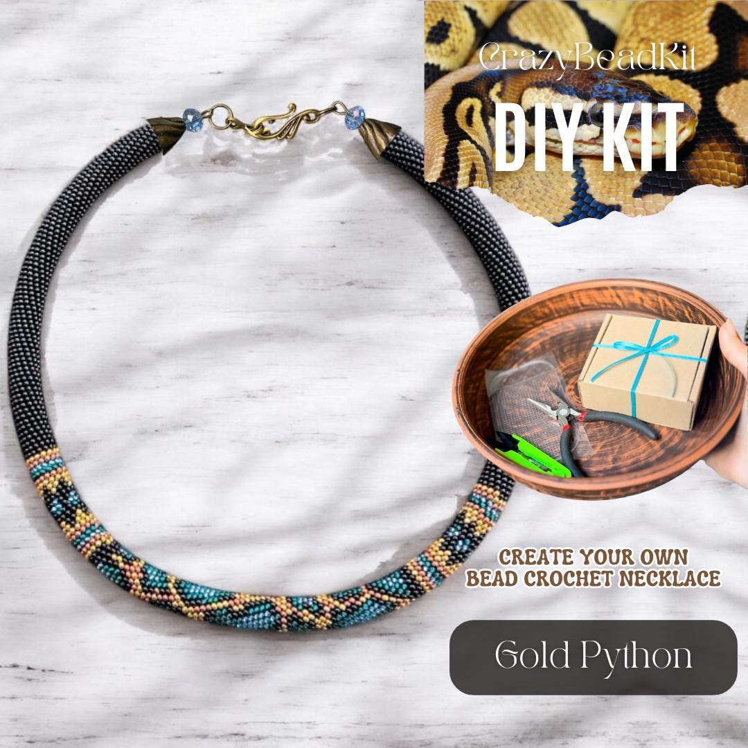DIY Gold Black Python Bead Crochet Rope Kit Craft Lariat Necklace Black ...