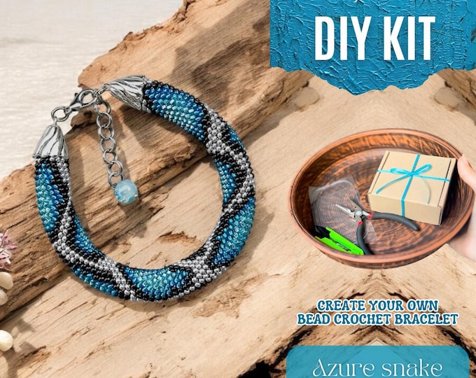 Kit To Make Bead Crochet Azure Blue Snake Necklace And Bracelet