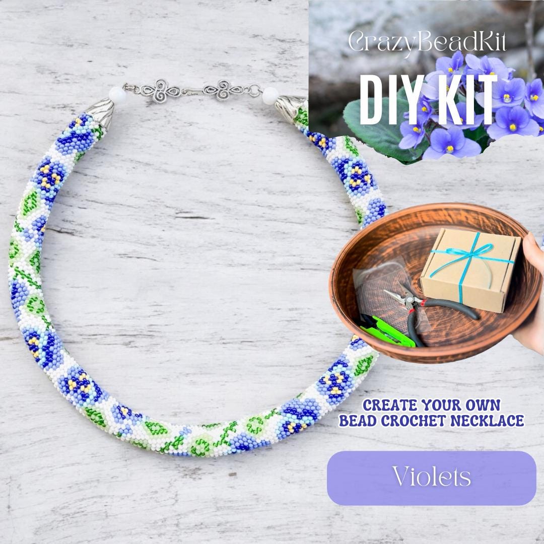 DIY Beaded Crochet Necklace Kit, Violets Floral Rope Necklace, Handmade ...