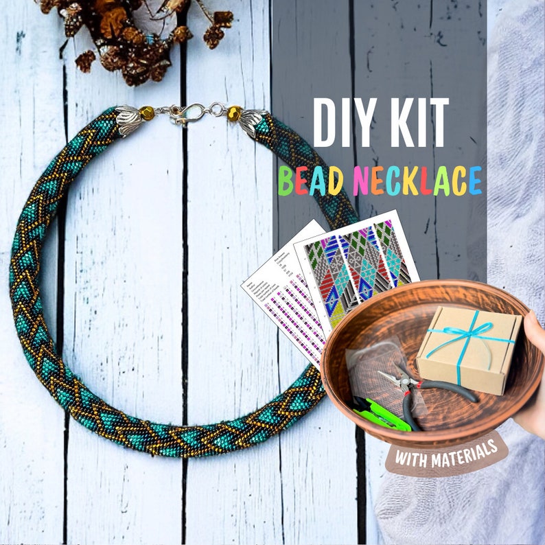 DIY Bead Crochet Necklace Kit, Turquoise Gold Reptile Design Rope Craft ...
