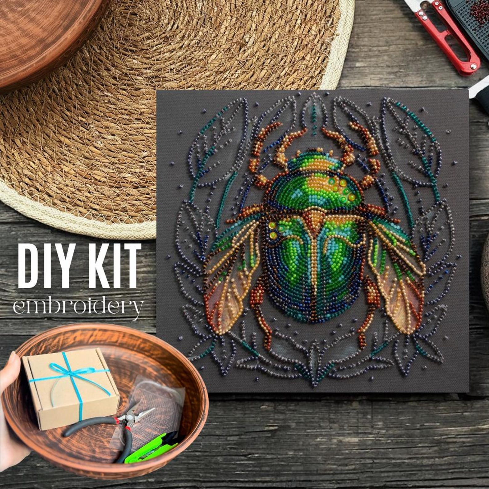 DIY Bead Embroidery Kit Emerald Beetle – Create Unique Handmade Beaded ...