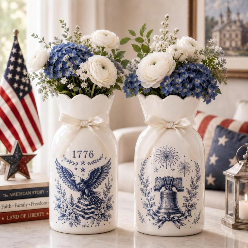 Patriotic Blue and White Ceramic Flower Vase, 4th of July Home Decor ...